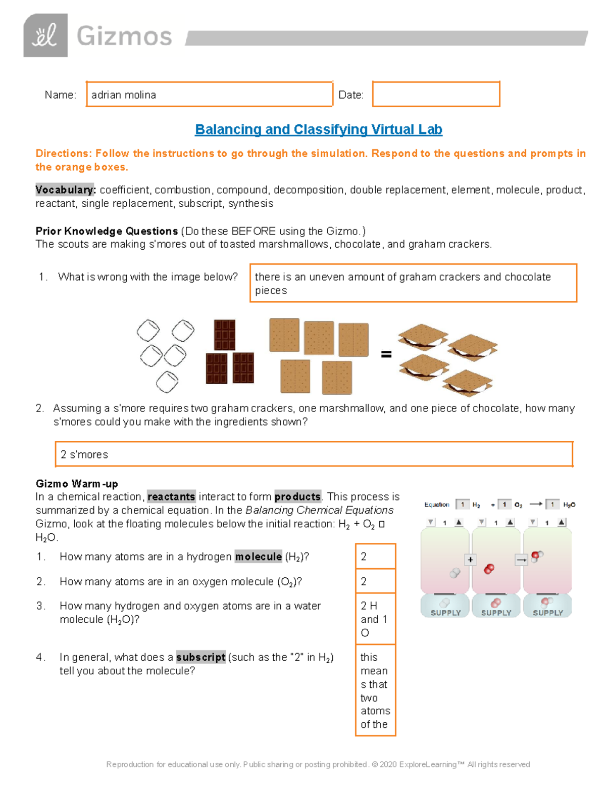 Copy of Balancing and Classifying Virtual Lab - Name: adrian molina ...
