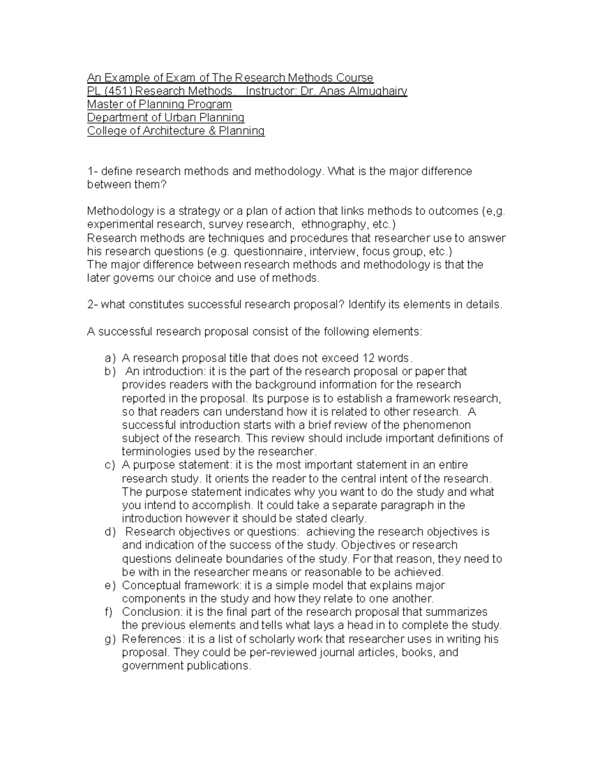 An example for research methods exam - An Example of Exam of The ...