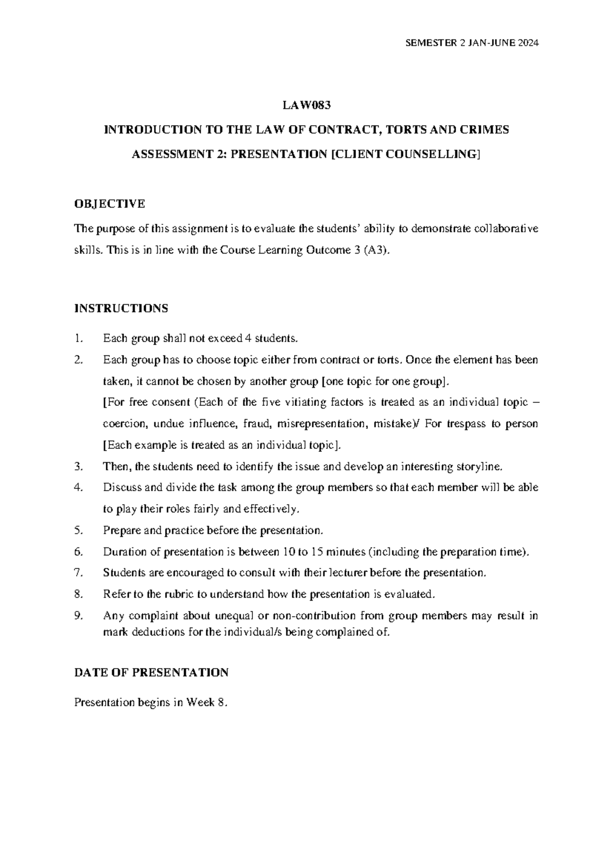 Client Counselling - SEMESTER 2 JAN-JUNE 2 024 LAW INTRODUCTION TO THE LAW OF CONTRACT, TORTS ...