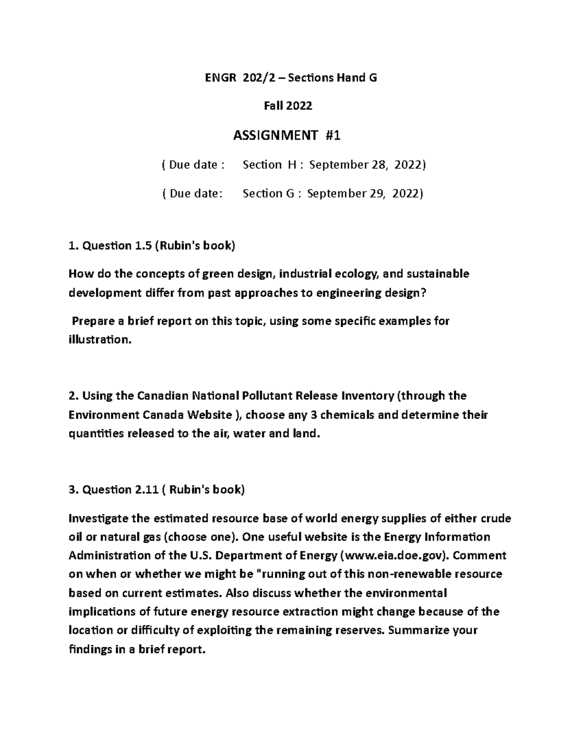Ass. Number 1 ENGR 202-Fall 2022 - ENGR 202/2 – Sections Hand G Fall 2022 ASSIGNMENT ( Due date ...
