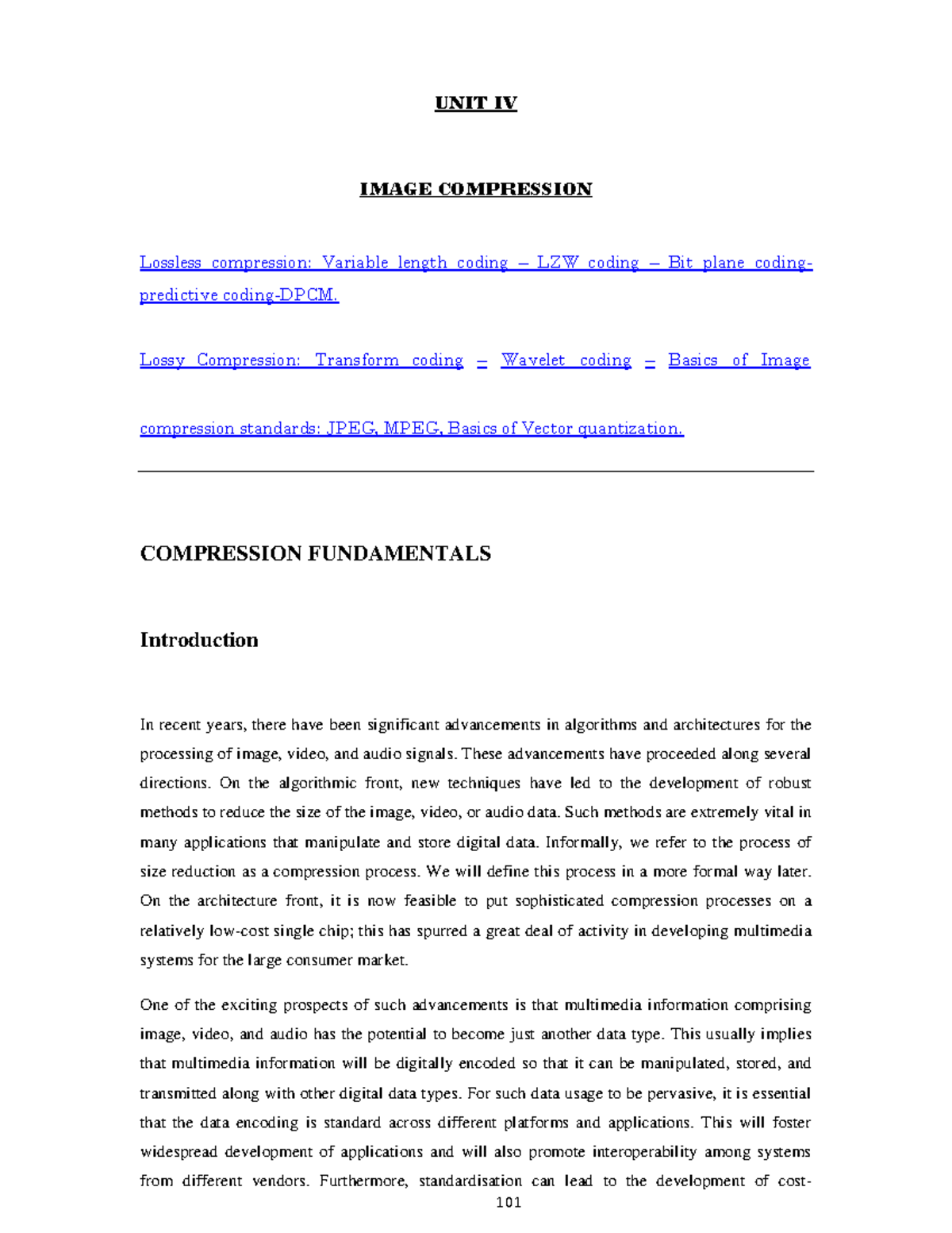 DIP - DIP notes - UNIT IV IMAGE COMPRESSION Lossless compression ...