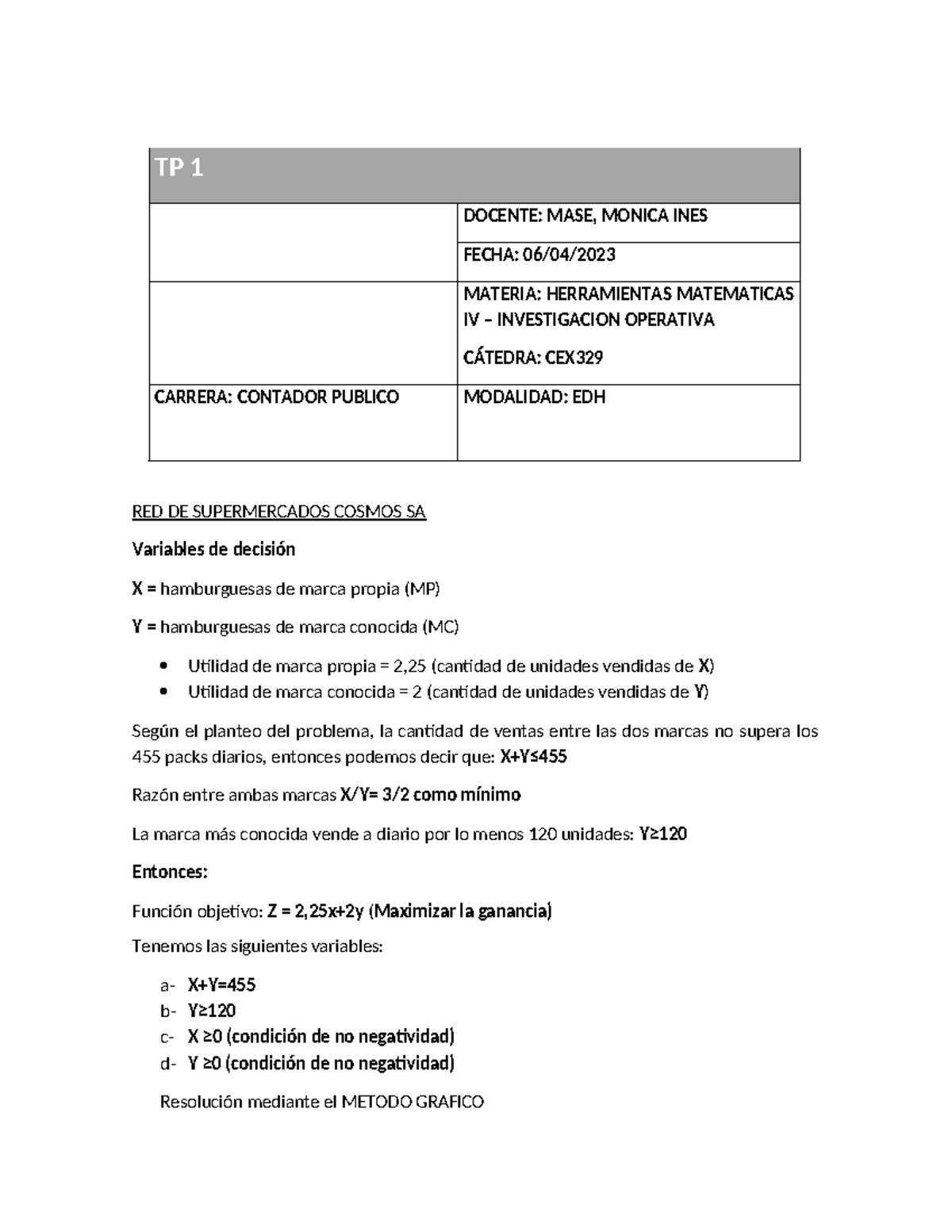 TP 1 Herramientas Matematicas - TP 1 DOCENTE: MASE, MONICA INES FECHA: 06/04/ MATERIA ...