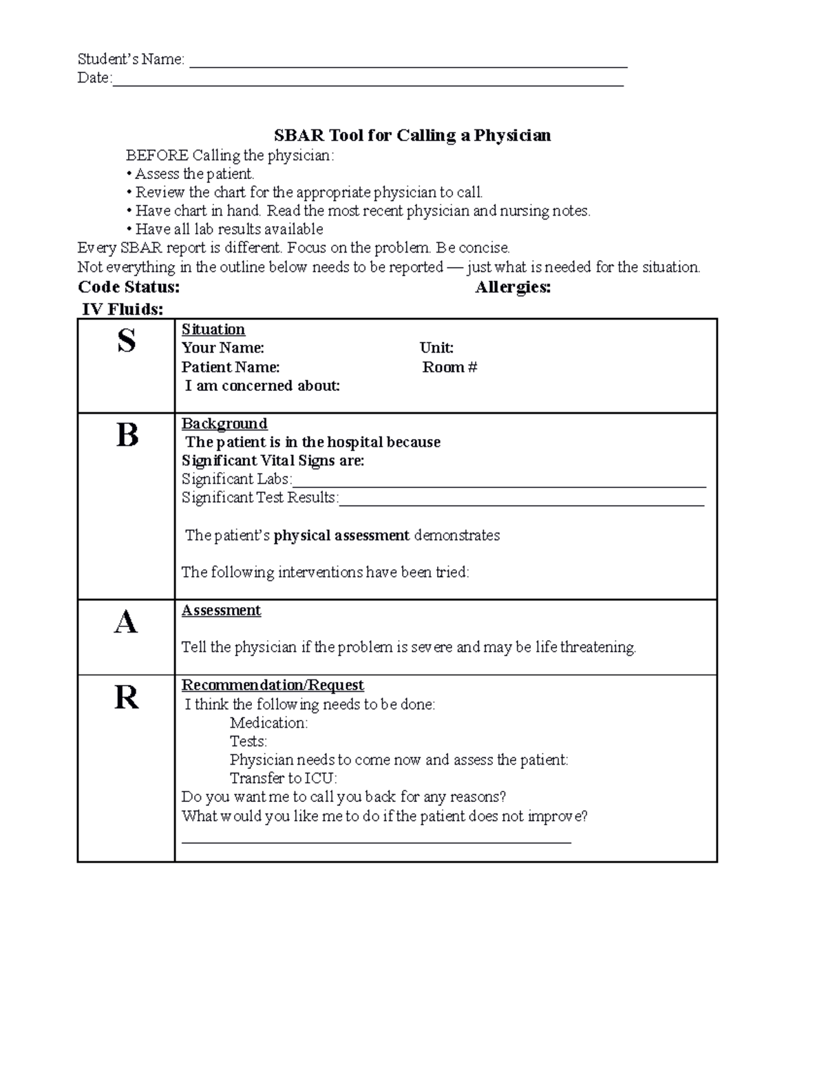 SBAR Tool - Nursing health assessment - Student’s Name: - Studocu