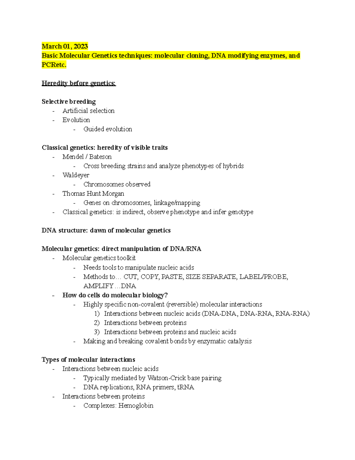 Genomics Exam 2 Notes - March 01, 2023 Basic Molecular Genetics ...