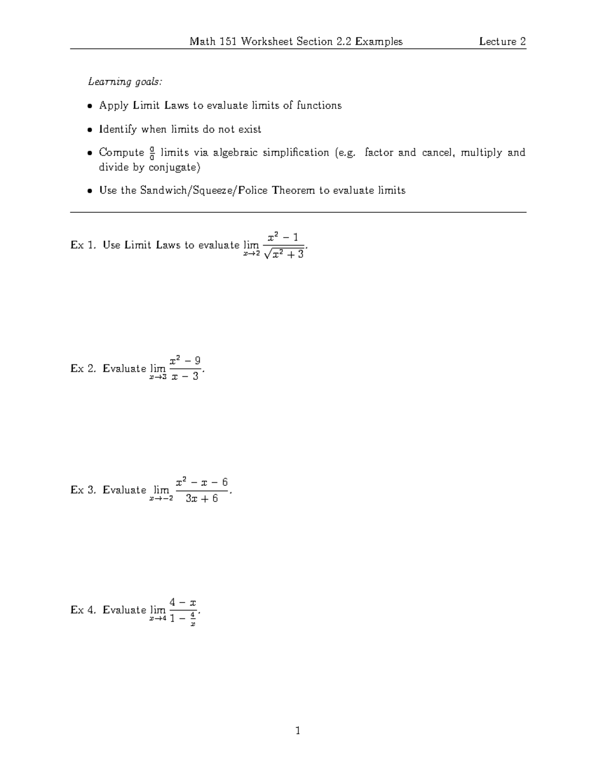 Worksheet 2 - Math 151 Worksheet Section 2 Examples Lecture 2 Learning ...