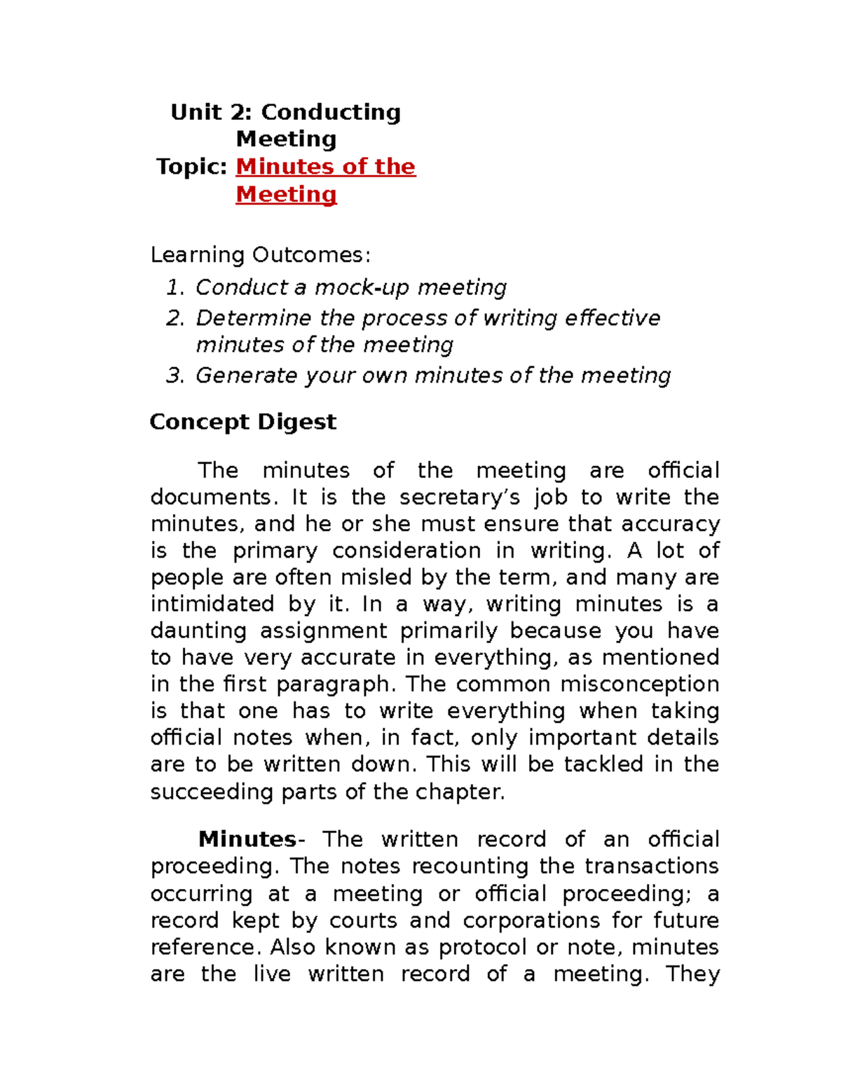 Minutes of the Meeting - Unit 2: Conducting Meeting Topic: Minutes of ...