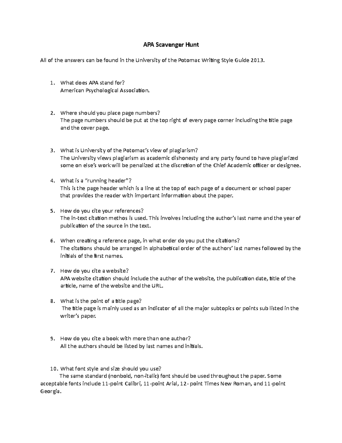 APA Scavenger Hunt 1 This Is An APA Assignment Quiz APA Scavenger