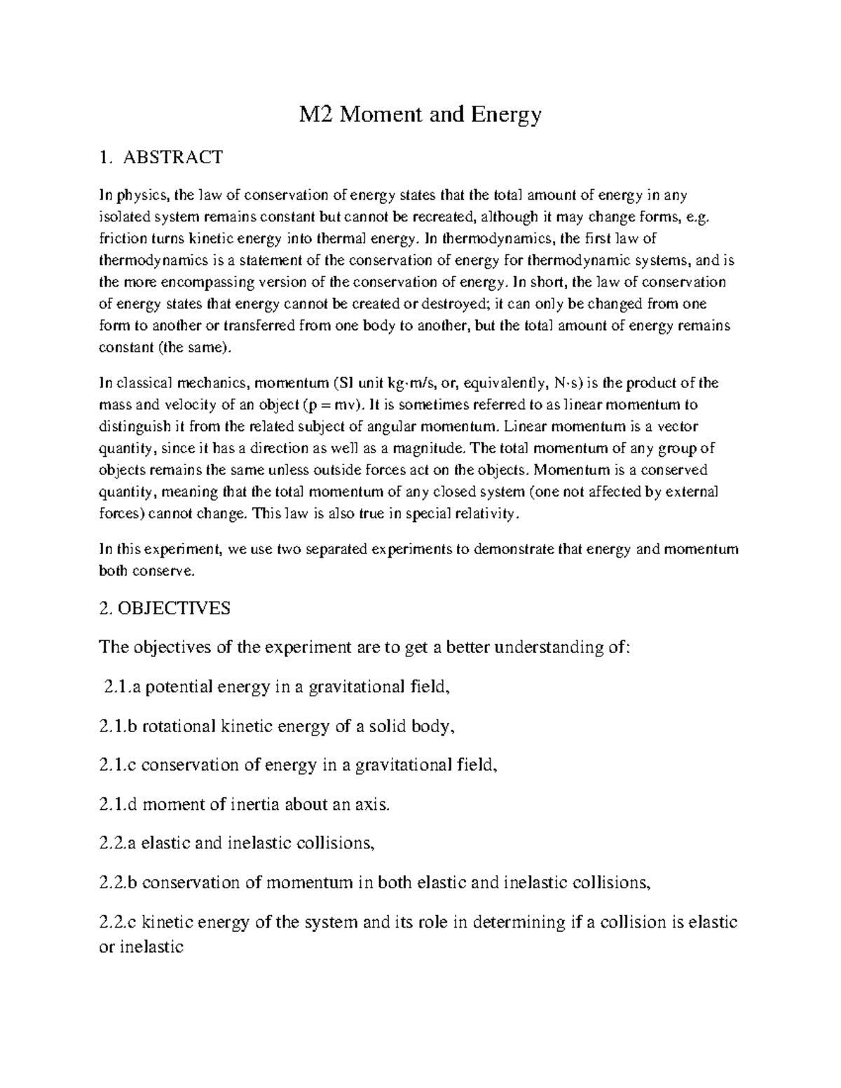 M2 - M2 Report Sample - M2 Moment and Energy 1. ABSTRACT In physics ...