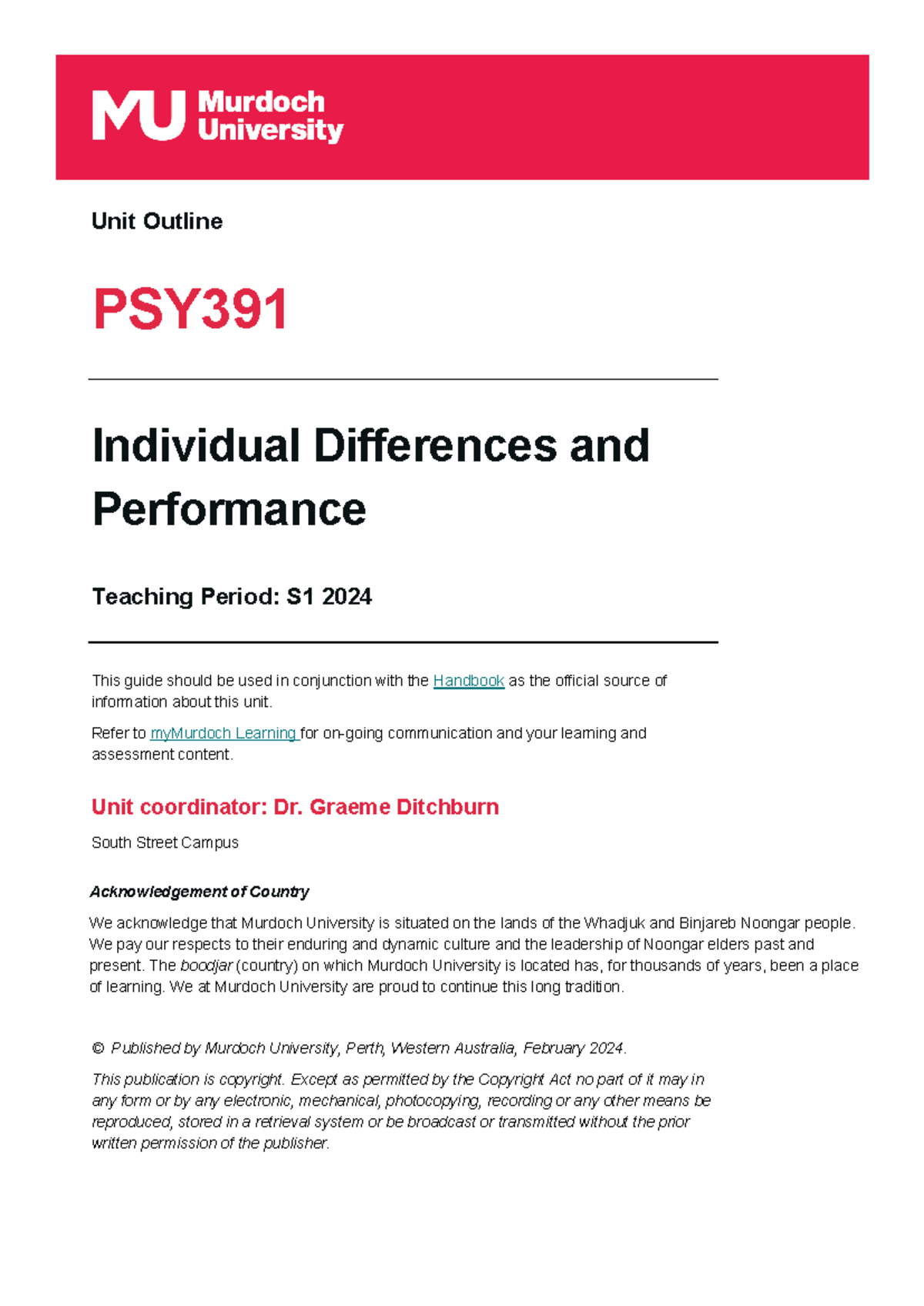 Murdoch University Unit Outline PSY391 - Individual Differences and ...