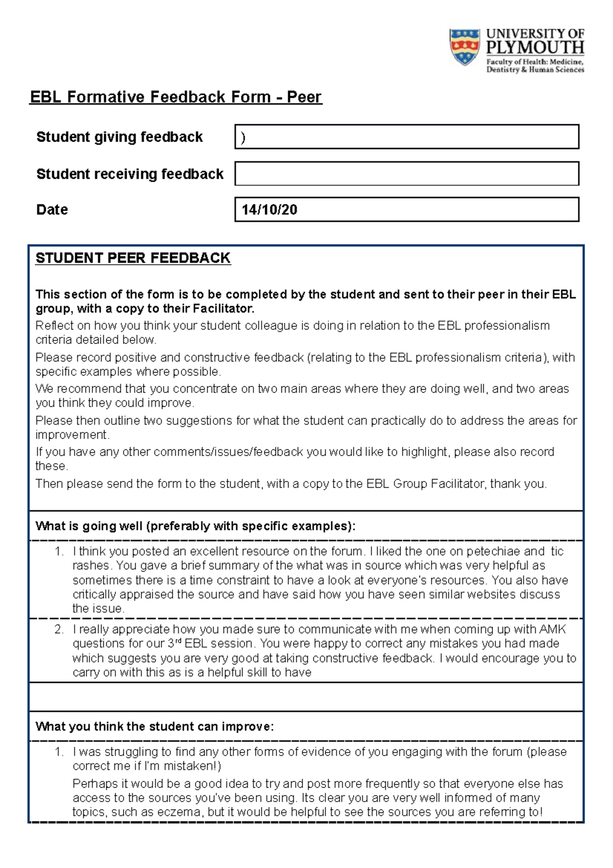 EBL Formative Feedback Form - Student Peer - EBL Formative Feedback ...