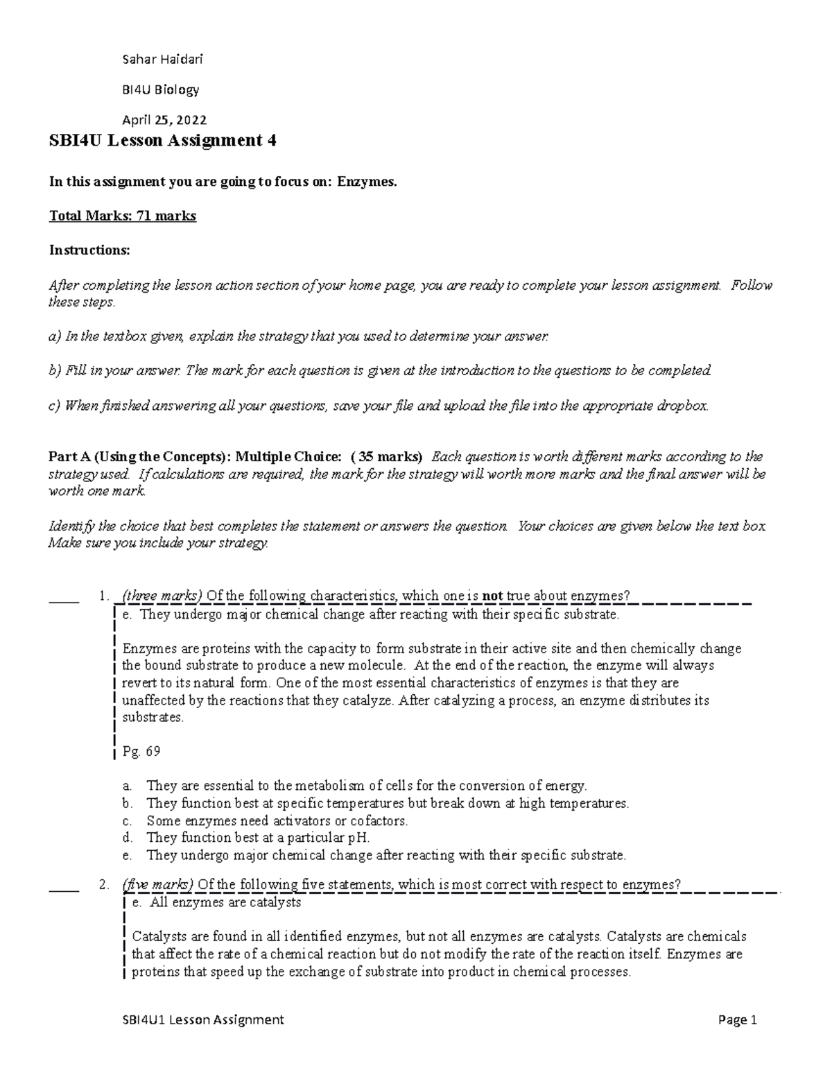 SBI4U Lesson Assignment 4 - BI4U Biology April 25, 2022 SBI4U Lesson ...