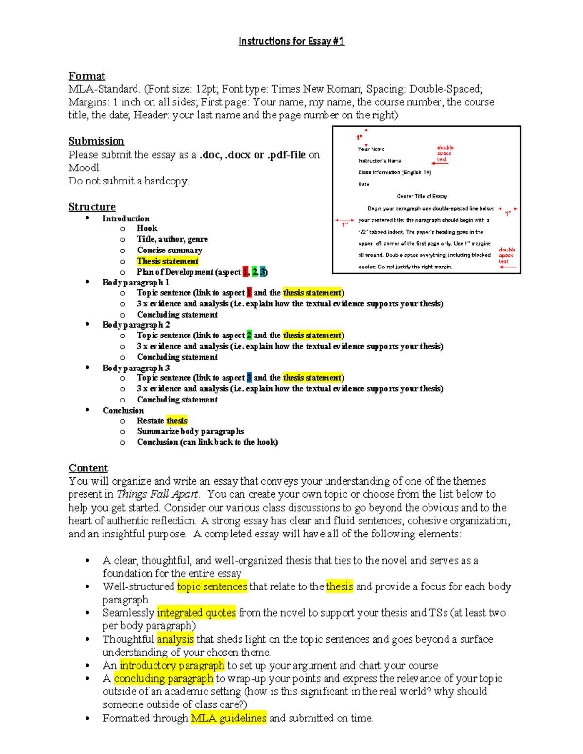 Instructions for Essay 1 - Things Fall Apart - Instructions for Essay ...
