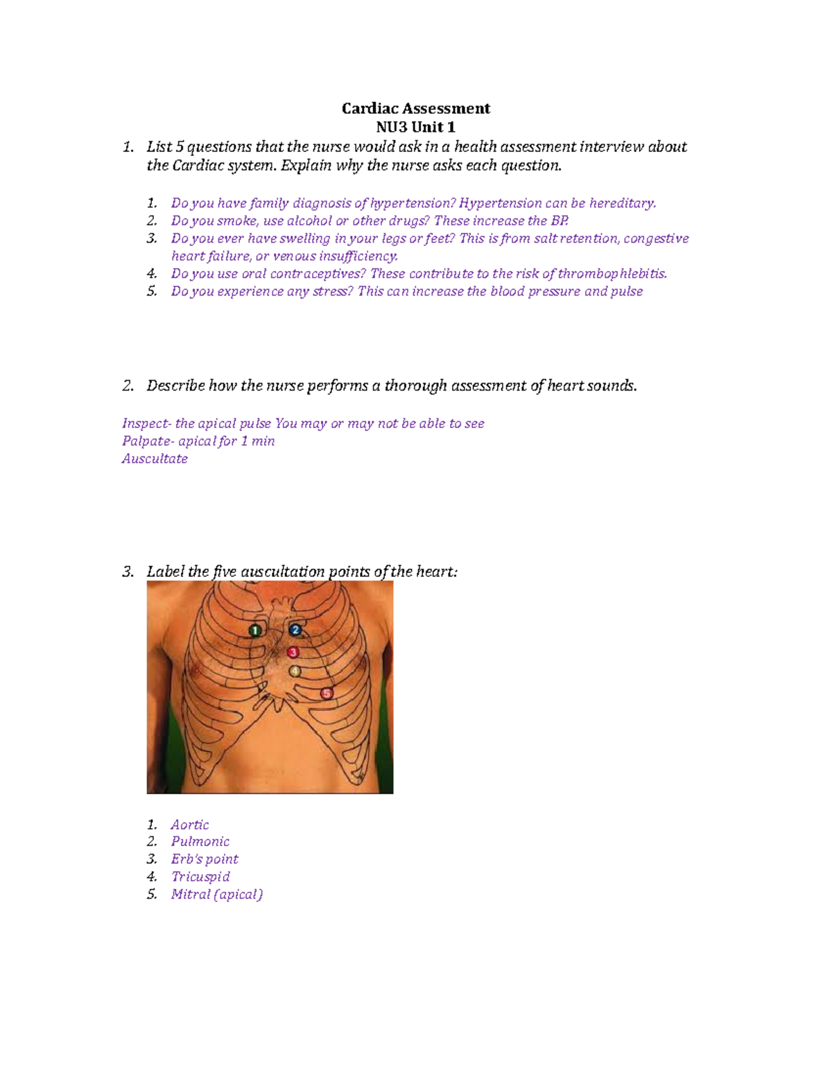 Cardiac Assessment Assignment Worksheet - Cardiac Assessment NU3 Unit 1 ...