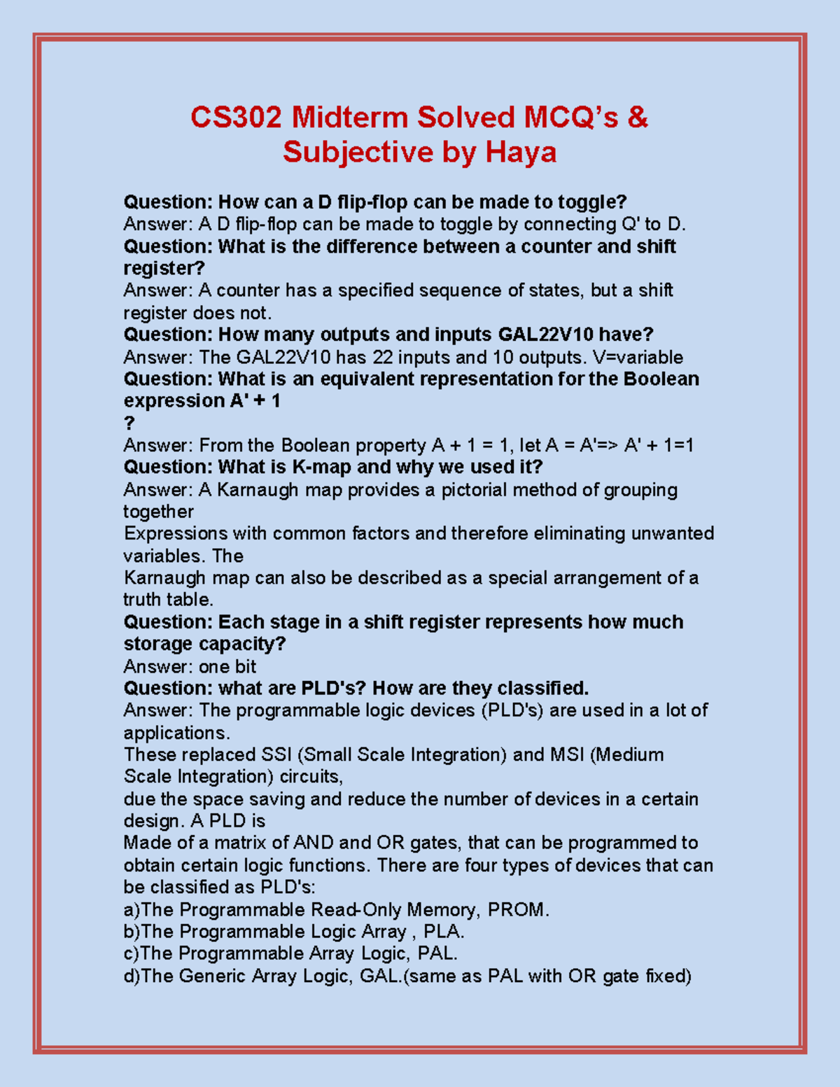 CS302 Midterm Solved MCQ’s Subjective by Haya - CS302 Midterm Solved MCQ’s & Subjective by Haya ...