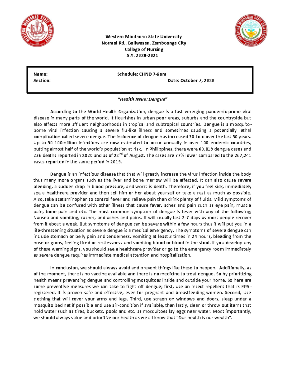 CHND- Essay: "Health Issues about Dengue" - Western Mindanao State ...