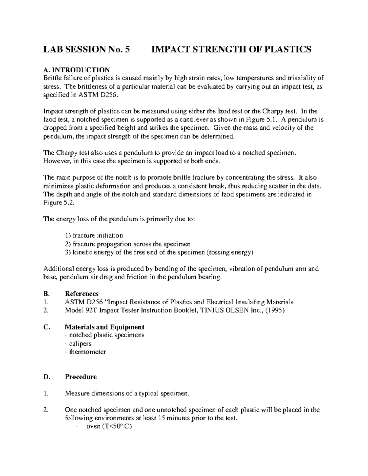 Plastics Lab - note - LAB SESSION No. 5 IMPACT STRENGTH OF PLASTICS A ...