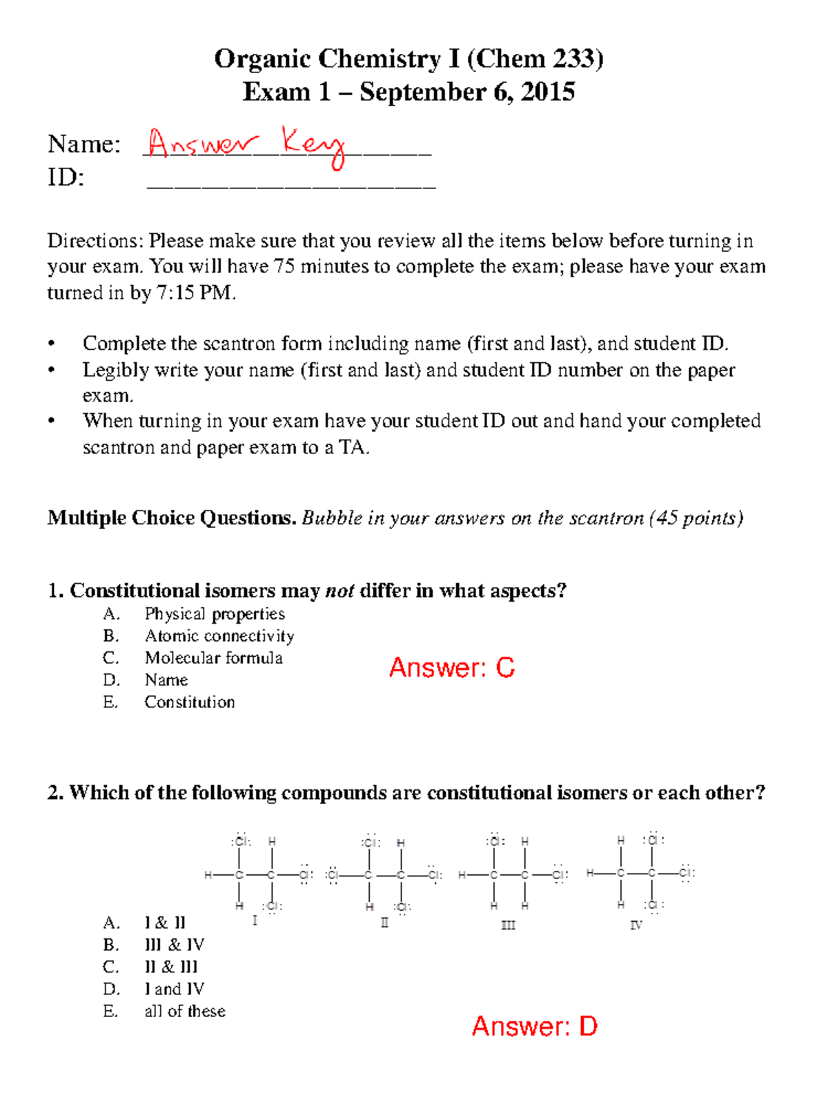 2016 Exam1 answers - Exam practice - Organic Chemistry I (Chem 233 ...