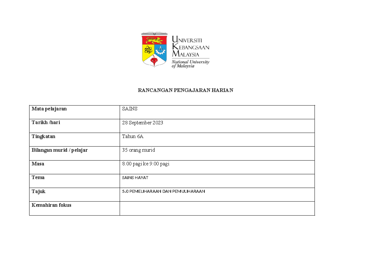 RPH Sains (DPLI) - contoh RPH - RANCANGAN PENGAJARAN HARIAN Mata ...