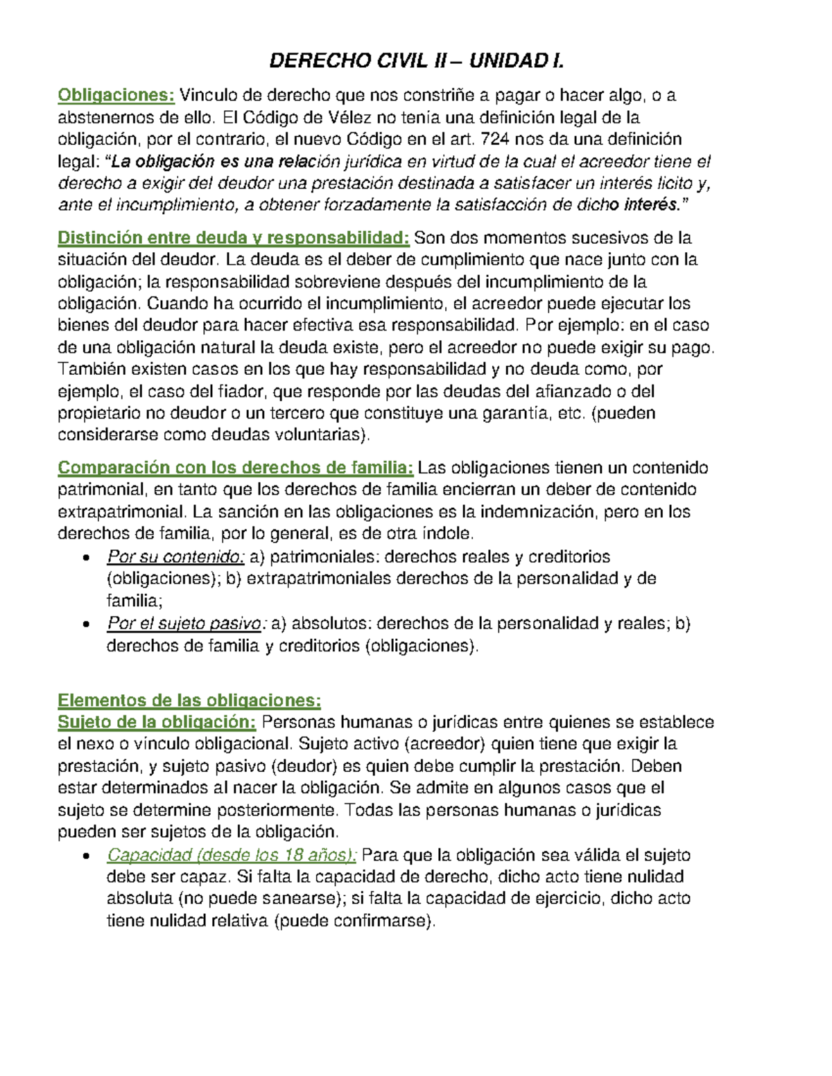 Resumen - Derecho Civil II todas las unidades - DERECHO CIVIL II – UNIDAD I. Obligaciones ...
