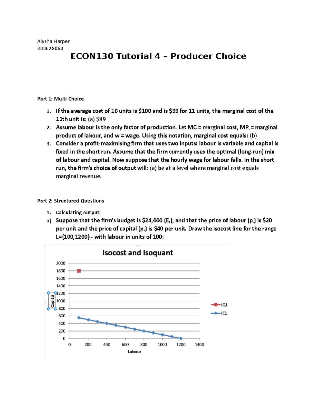 ECON130 Tutorial 4 - Producer Choice - Alysha Harper 300628060 ECON130 ...
