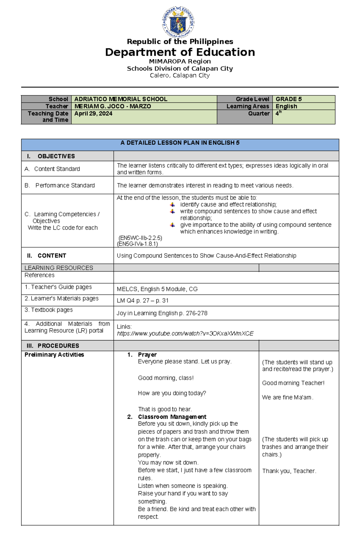 Detailed Lesson Plan English 5 - Department of Education MIMAROPA ...
