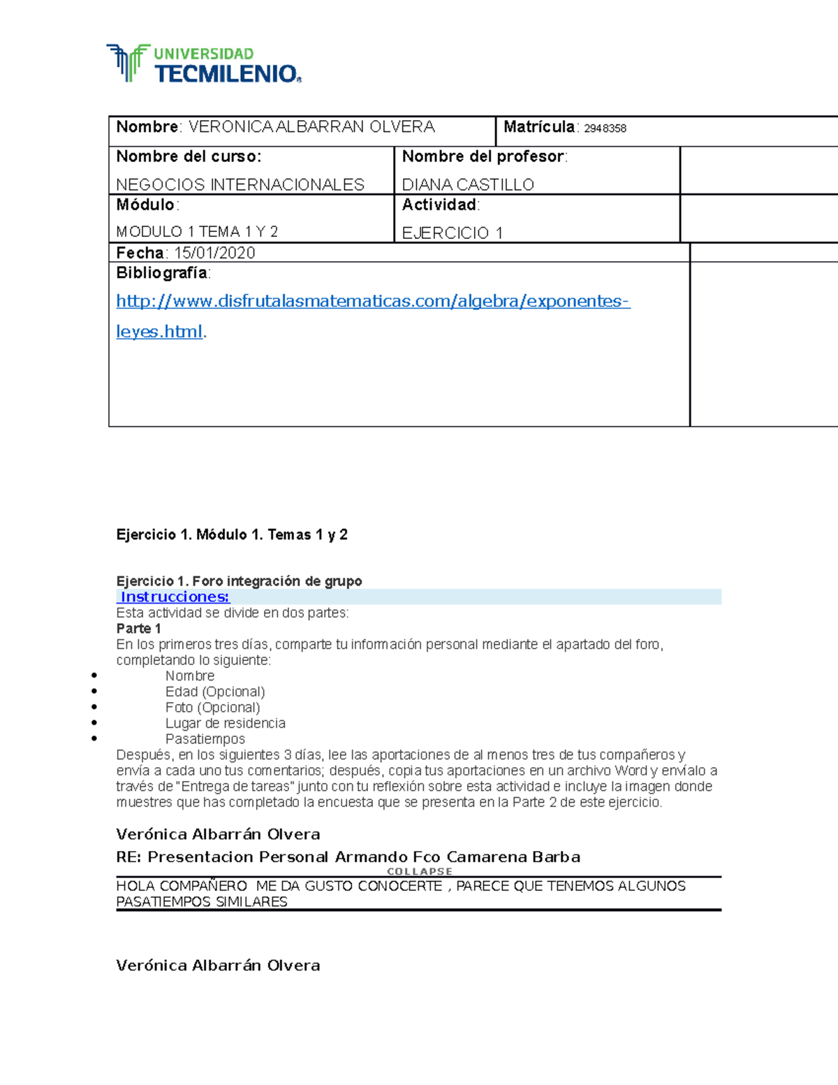 Negocios Internacionales Ejercicio 1 - Nombre : VERONICA ALBARRAN ...