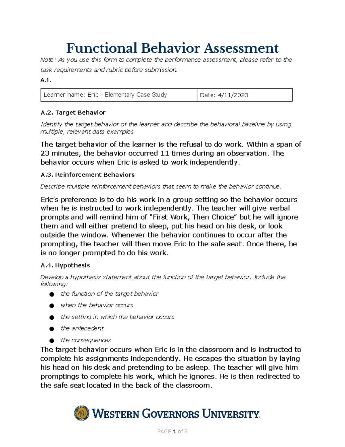 Task 1 Functional Behavior Assessment And Behavioral Improvement Plan ...