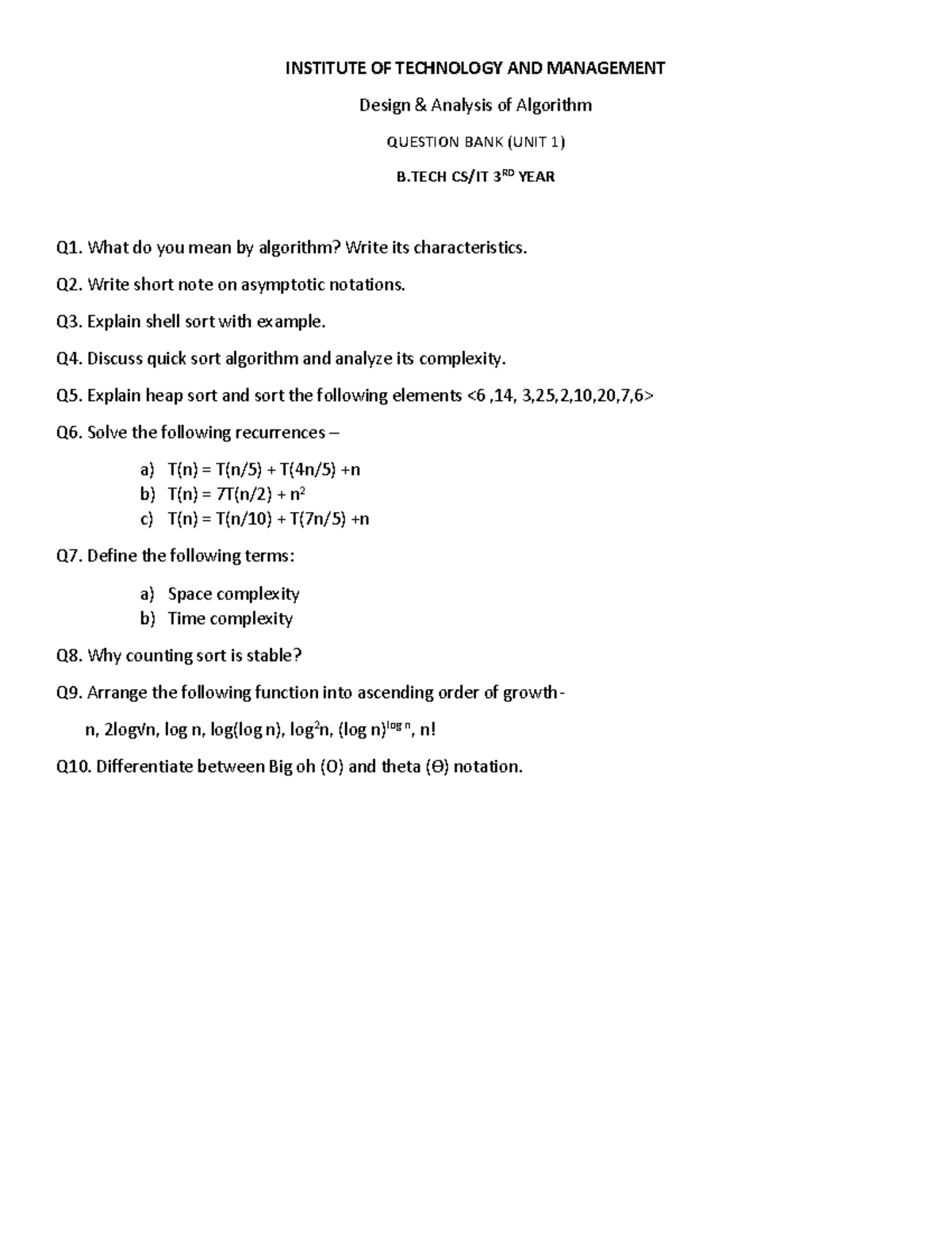 DAA question bank unit 1 - INSTITUTE OF TECHNOLOGY AND MANAGEMENT ...