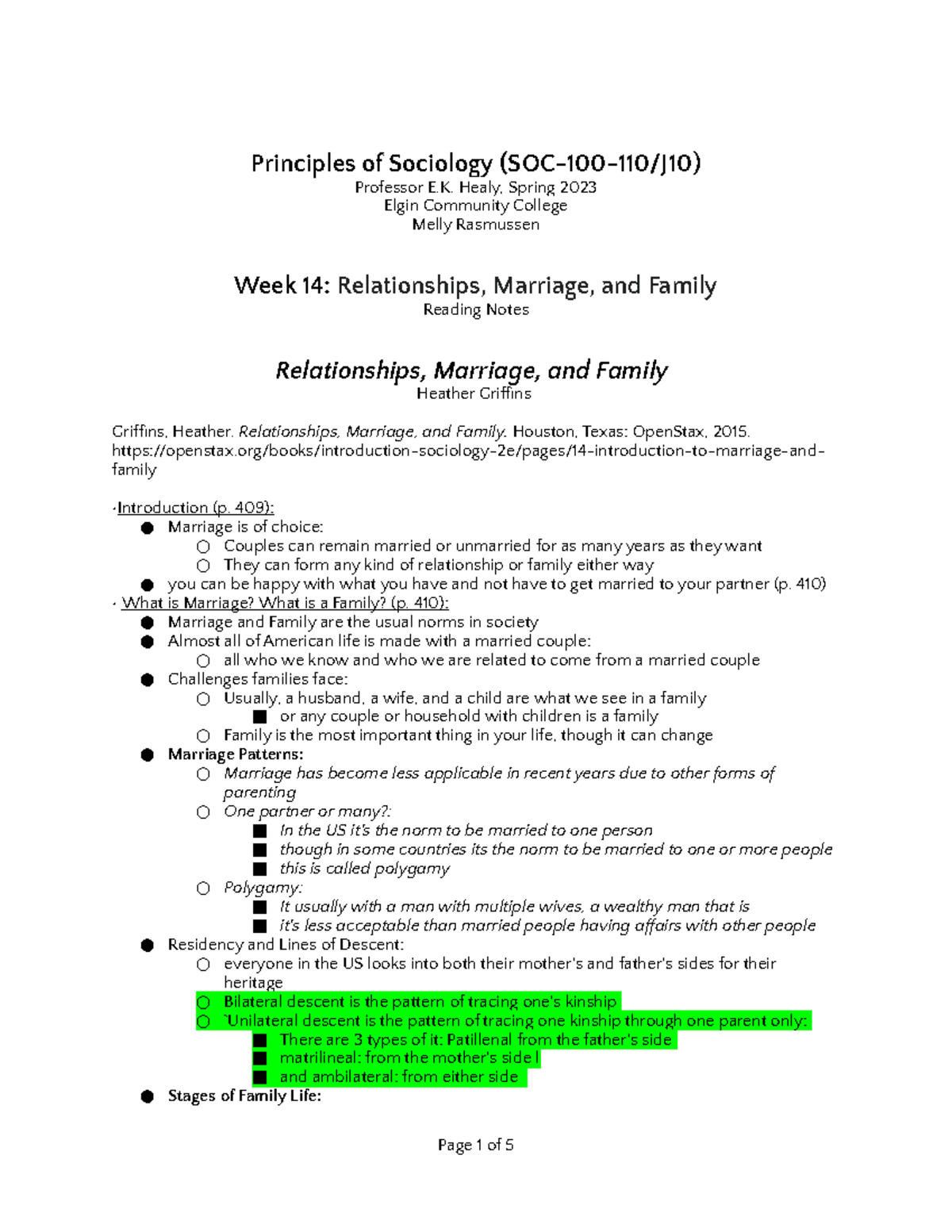Marriage and Family Notes - Principles of Sociology (SOC-100-110/J10 ...