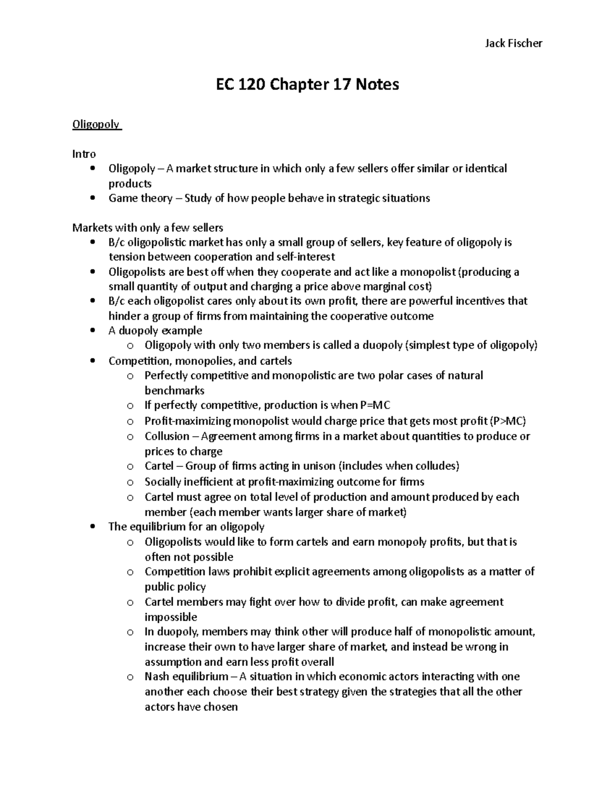 EC 120 Chapter 17 Notes - EC 120 Chapter 17 Notes Oligopoly Intro ...