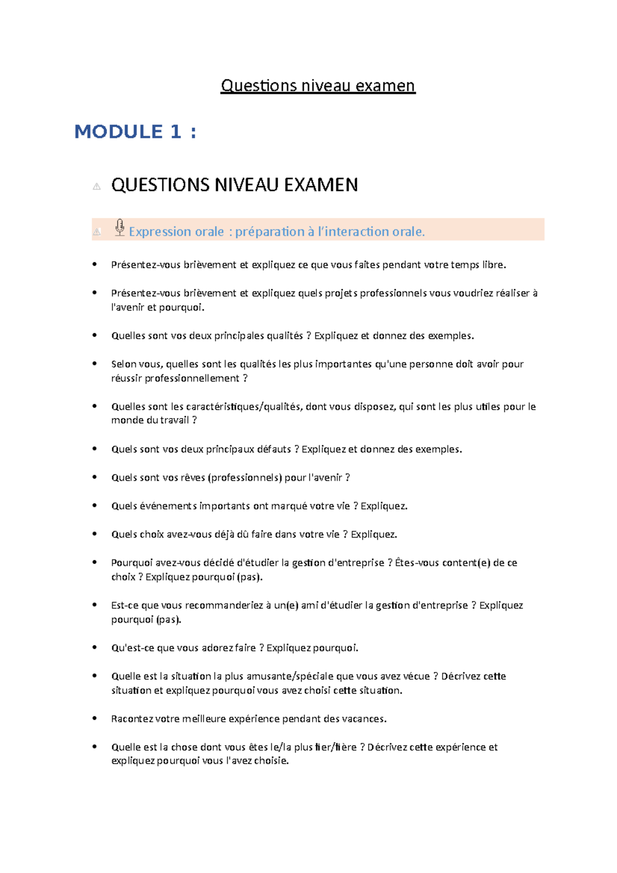 Questions niveau examen - Questions niveau examen MODULE 1 : QUESTIONS ...