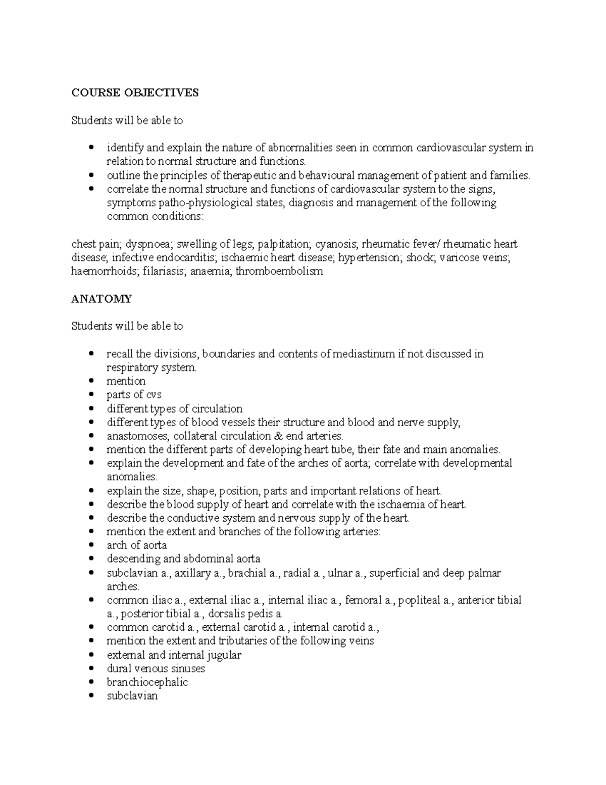 Curriculum cardio - COURSE OBJECTIVES Students will be able to identify ...