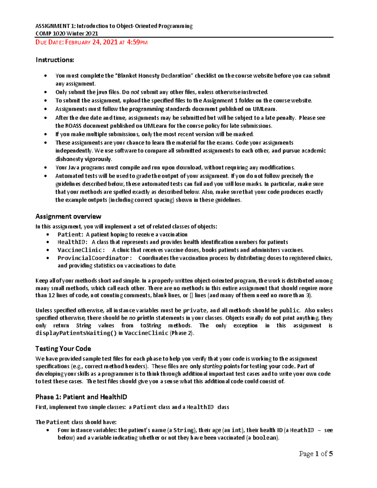 COMP1020 Assignment 1 - COMP 1020 Winter 2021 DUE DATE: FEBRUARY 24, 2021 AT 4:59PM Instructions ...