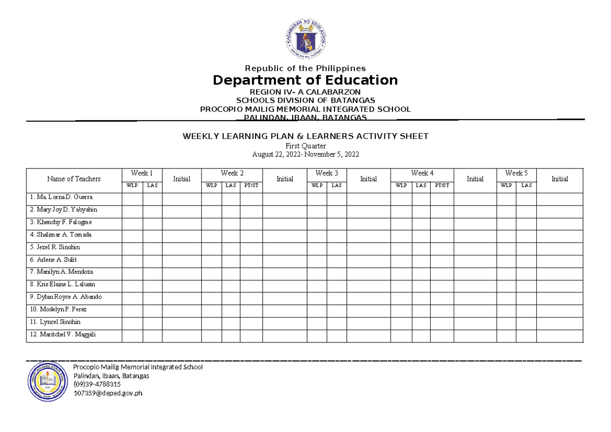 Checklist Weekly Learning PLAN - Republic of the Philippines Department ...