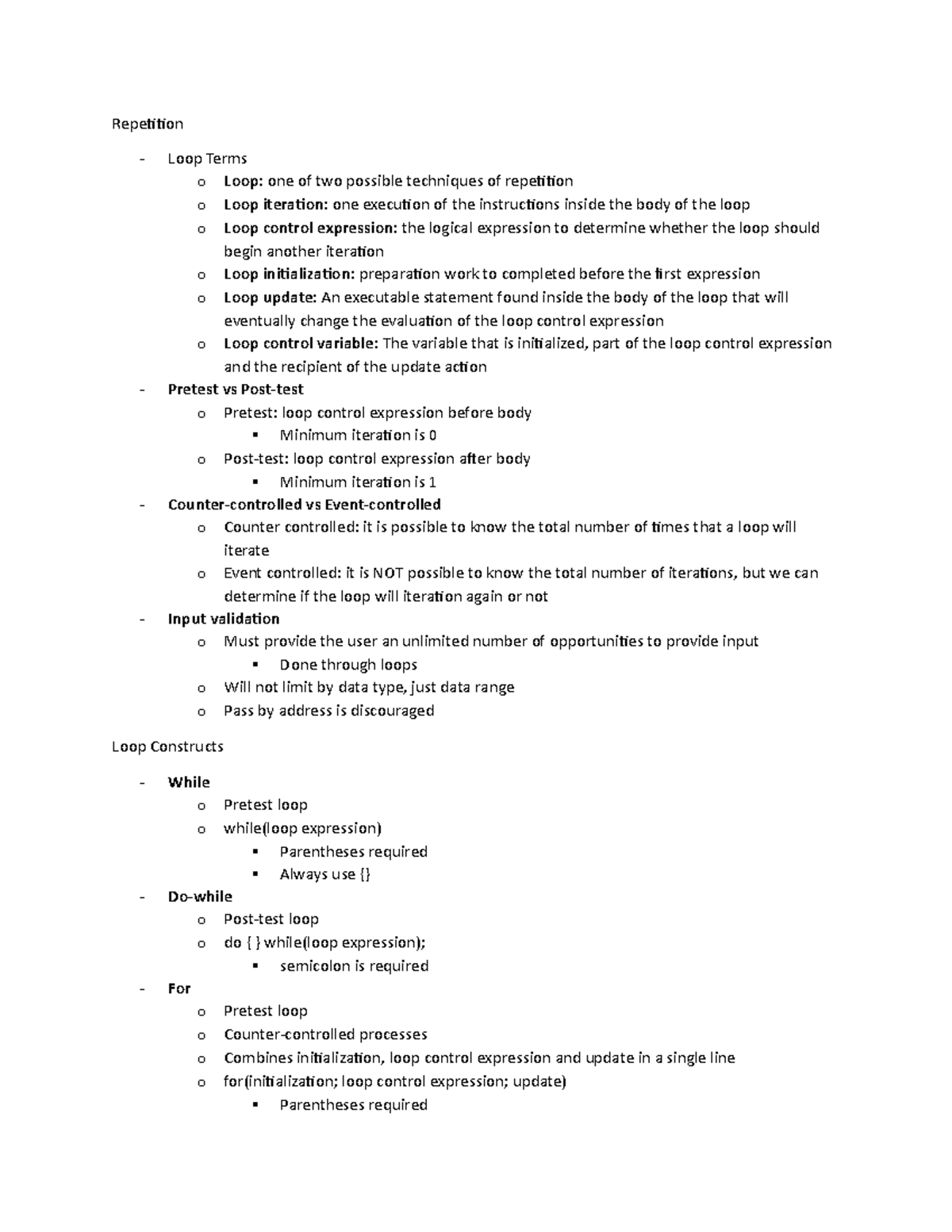 CS159 Ch6 Notes - Repetition - Loop Terms o Loop : one of two possible ...