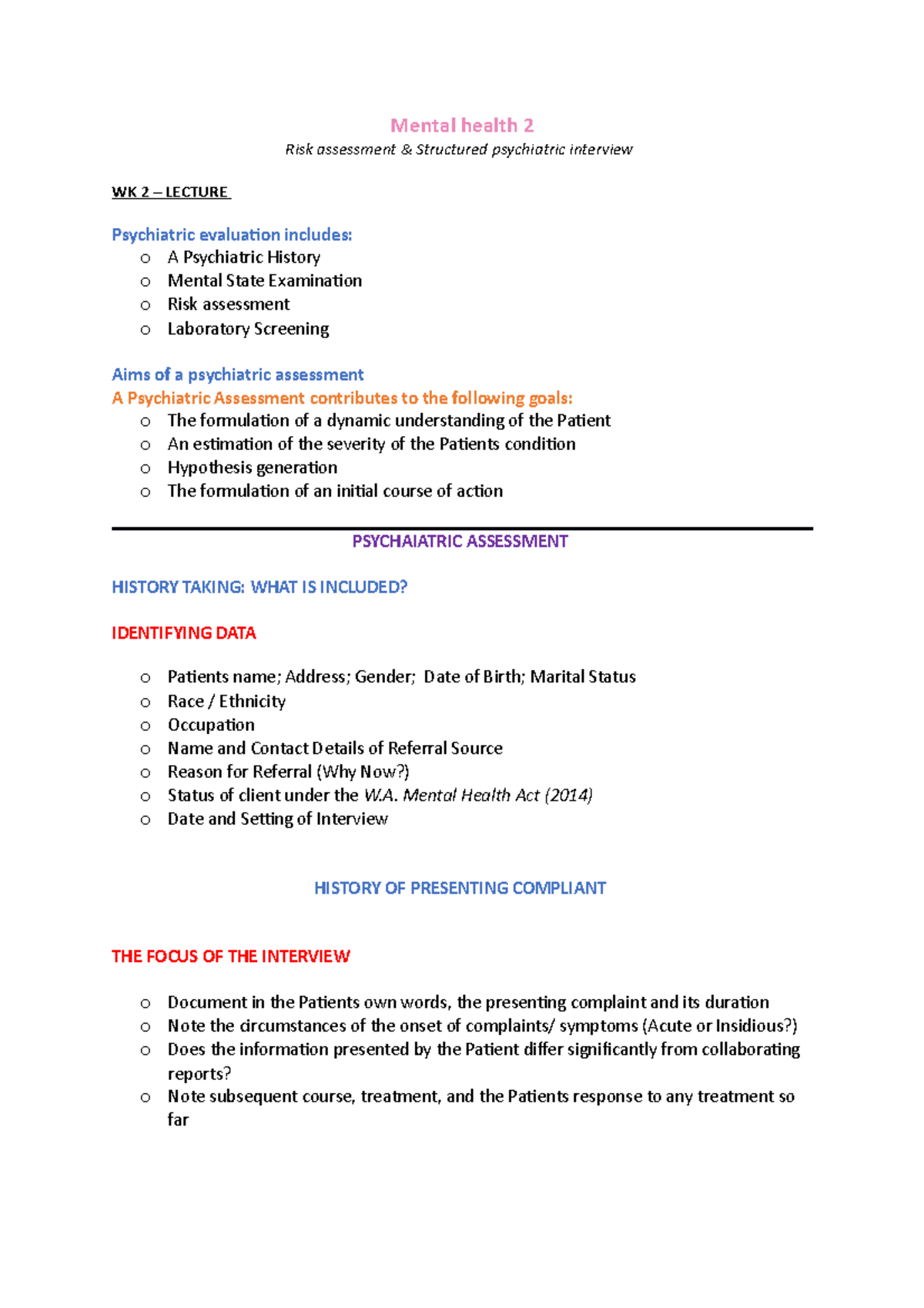 WK 2 - Risk assessment & Structured psychiatric interview - Mental ...