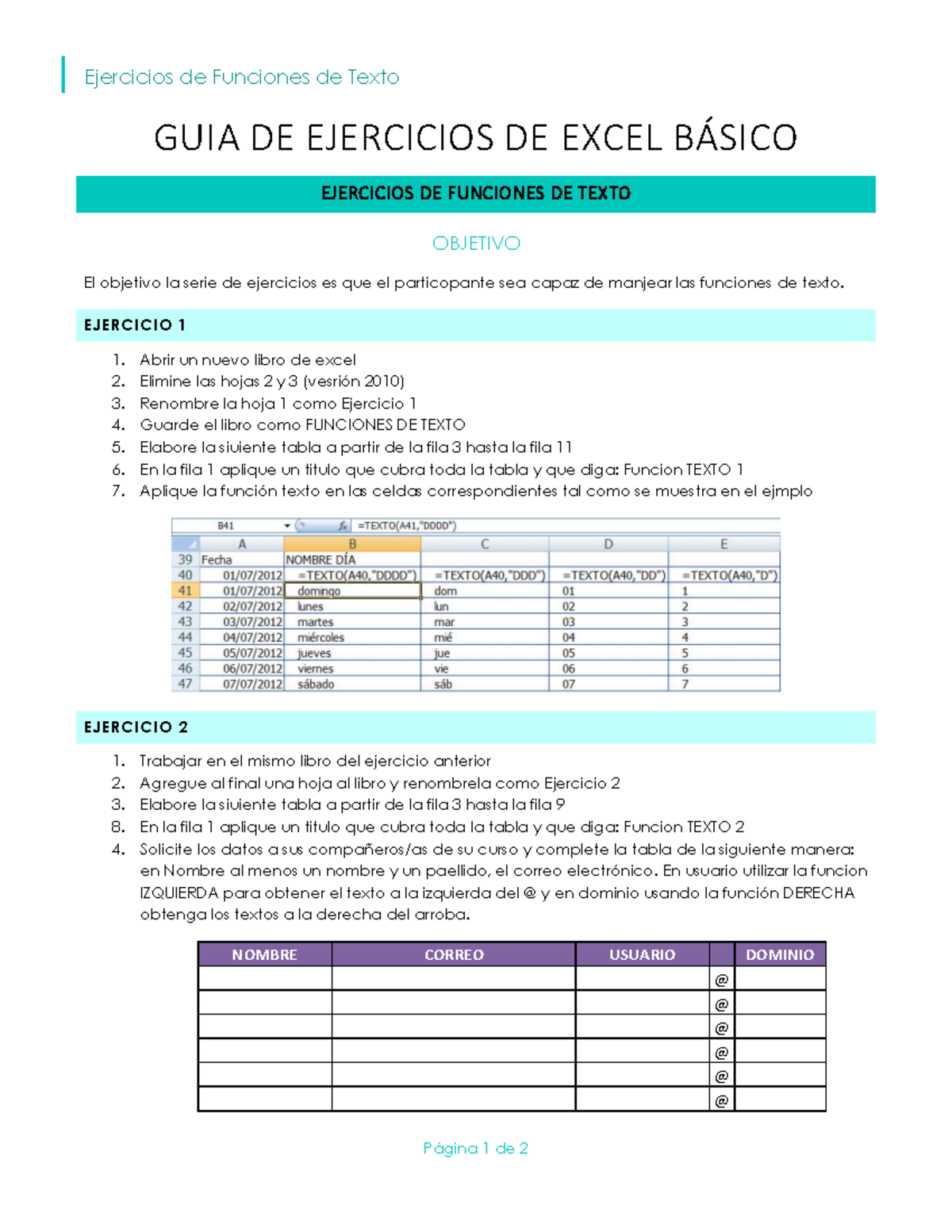 Guia de ejercicios de Excel Básico - Ejercicios de Funciones de Texto Página 1 de 2 GUIA DE ...