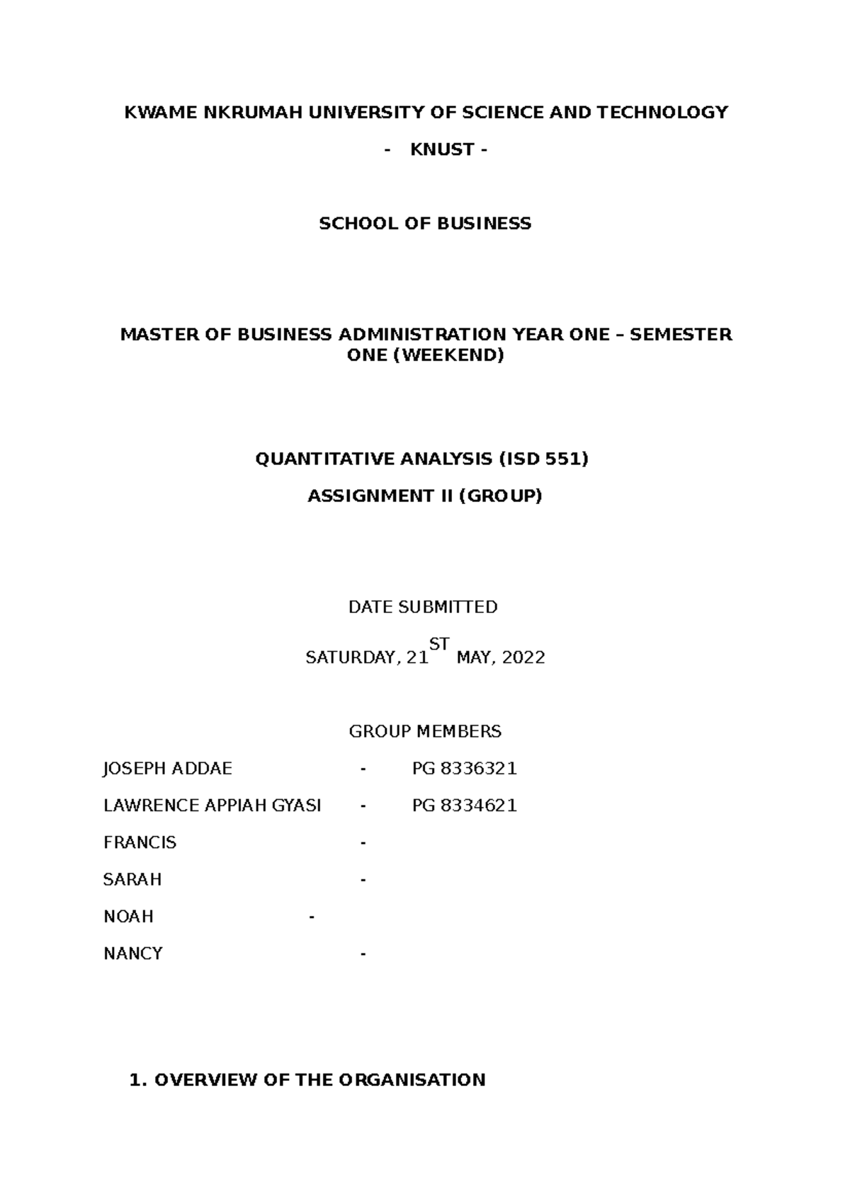 Quanti GRP Assignment - KWAME NKRUMAH UNIVERSITY OF SCIENCE AND ...