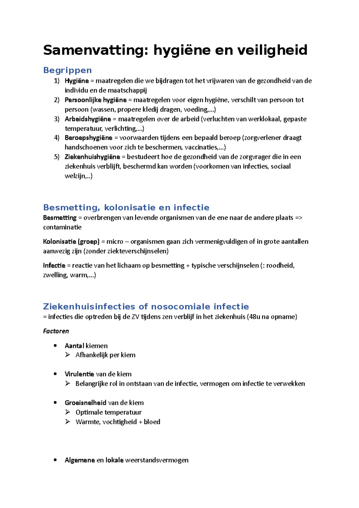 Samenvatting - hygiëne en veiligheid - Samenvatting: hygiëne en ...