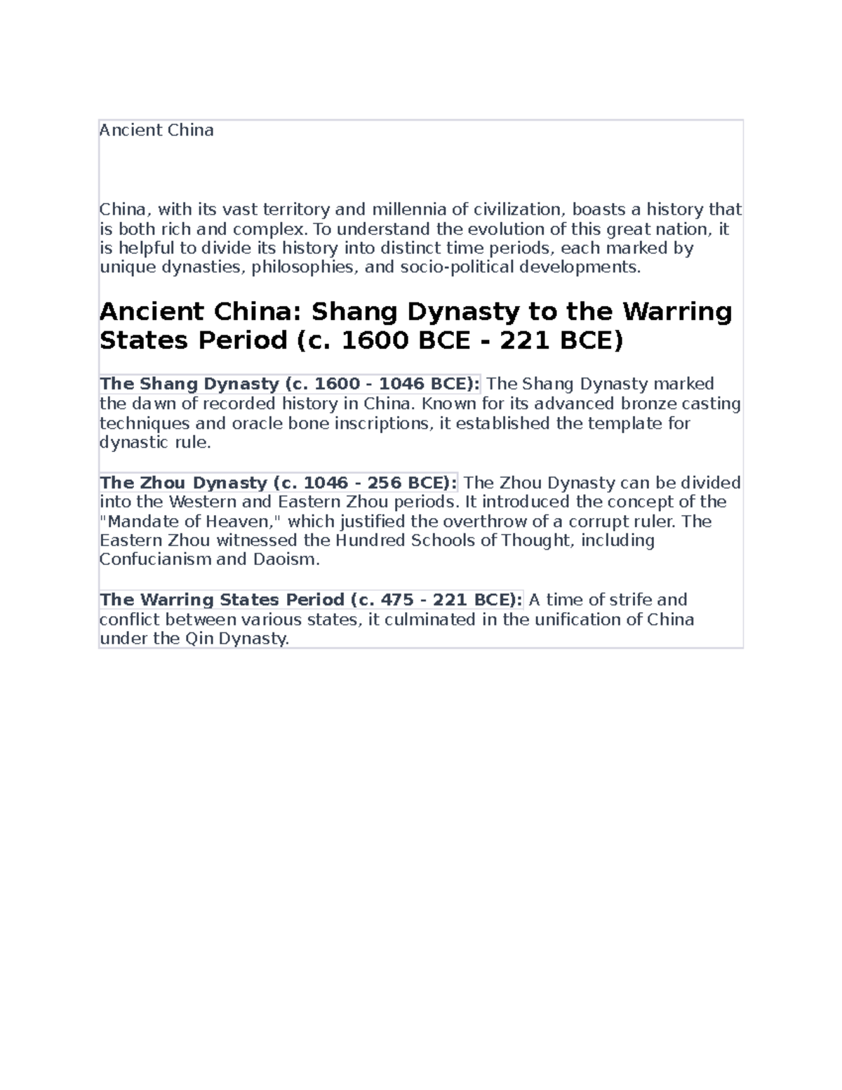 Ancient China - brief paragraph on the history of a country. - Ancient ...