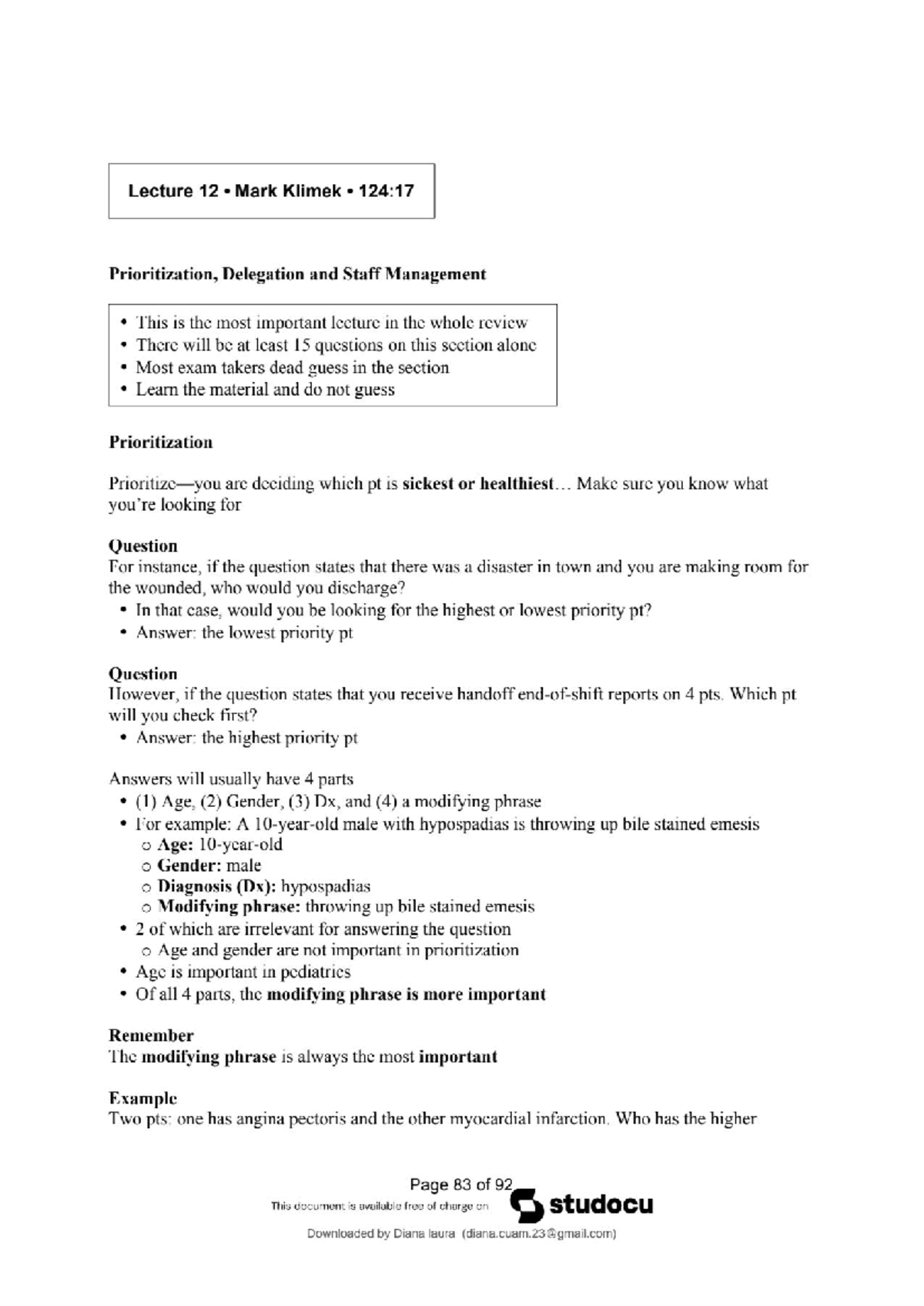 Mark klimek lectures 1 to 12 2 pdf - Lecture 12 Mark Klimek 124:17 Prioritization, Delegation ...