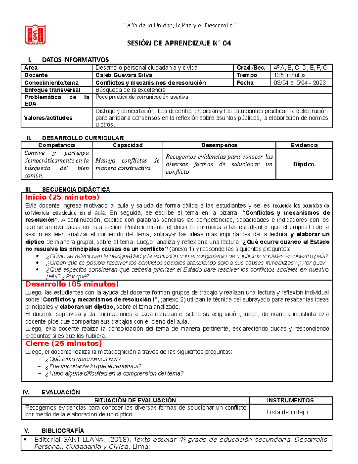 DPCC 4TO U1 Sesion 04 - leanlo - “Año de la Unidad, la Paz y el Desarrollo” SESIÓN DE ...