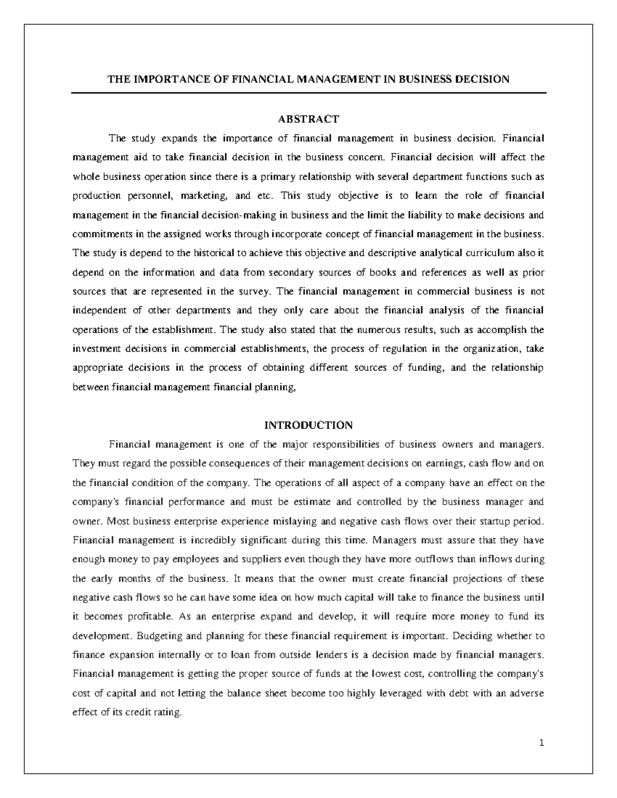 The Importance of Financial Management in Business Decision - THE ...