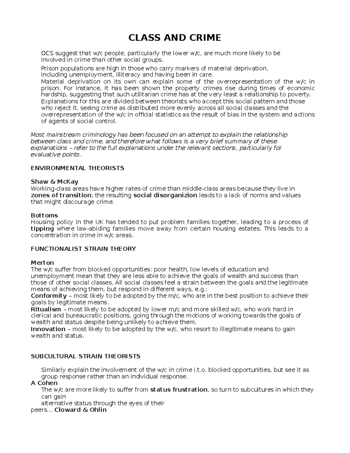 Class AND Crime - CLASS AND CRIME OCS suggest that w/c people ...