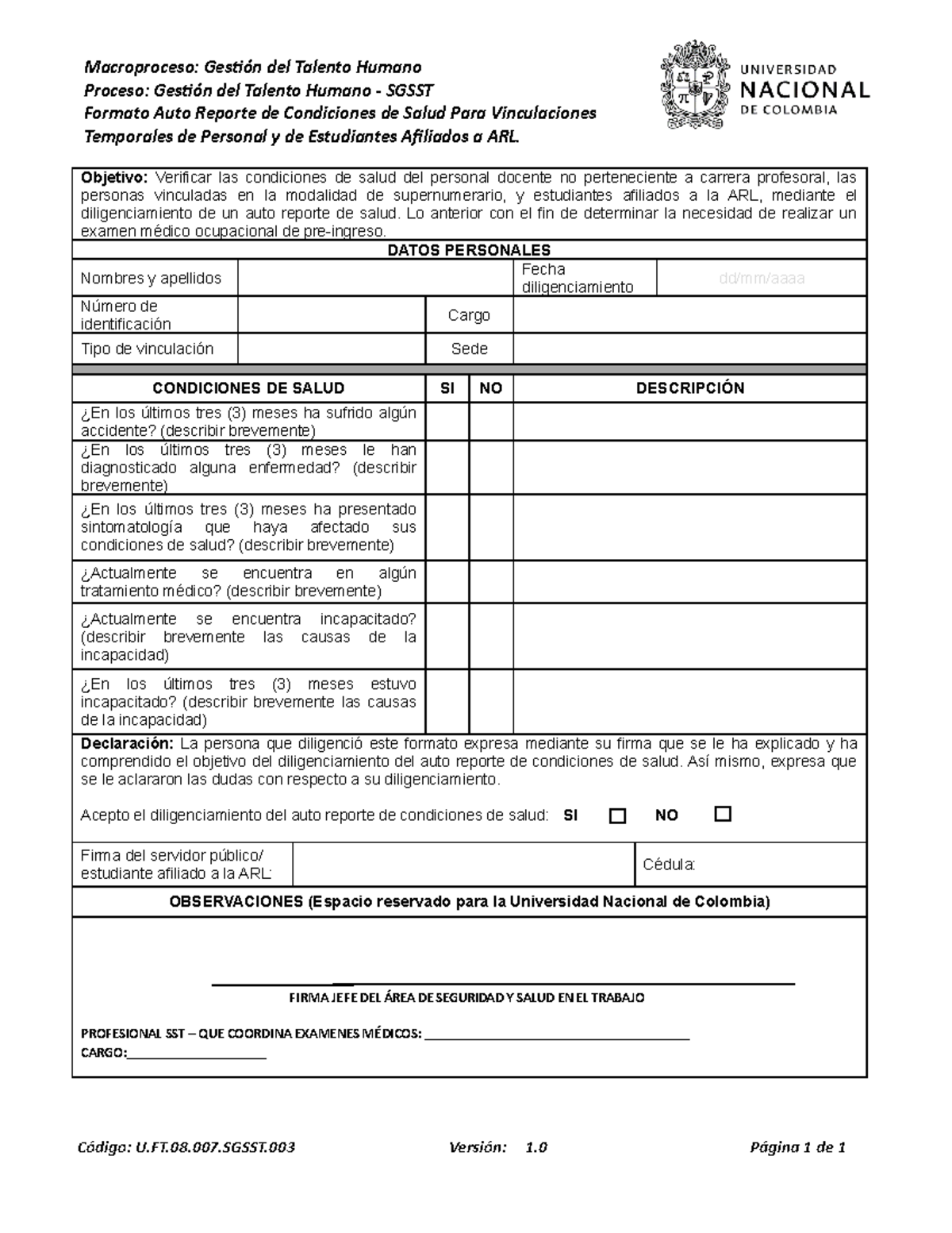 Formato Auto Reporte de Condiciones de Salud Para Vinculaciones V1 ...