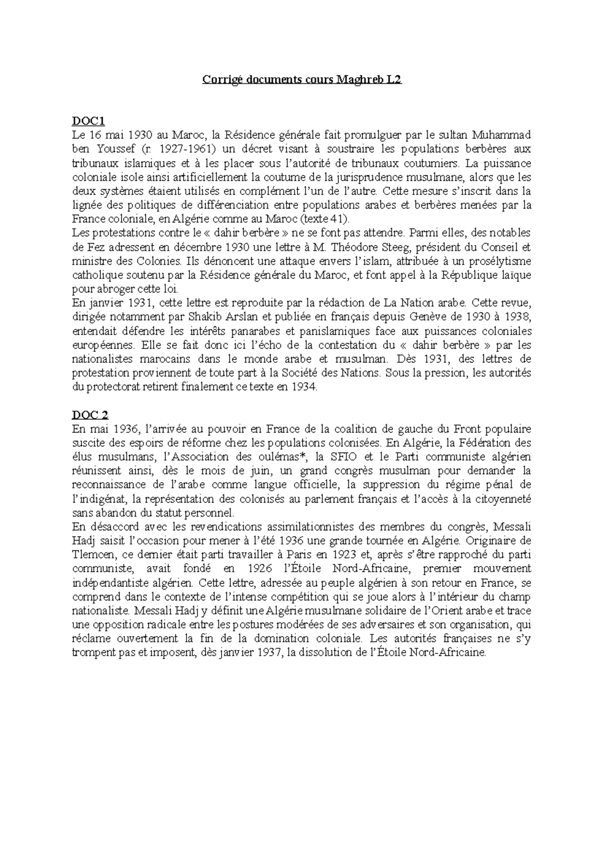Corrigé doc 1 et 2 Maghreb colonial 2 - Corrigé documents cours Maghreb ...