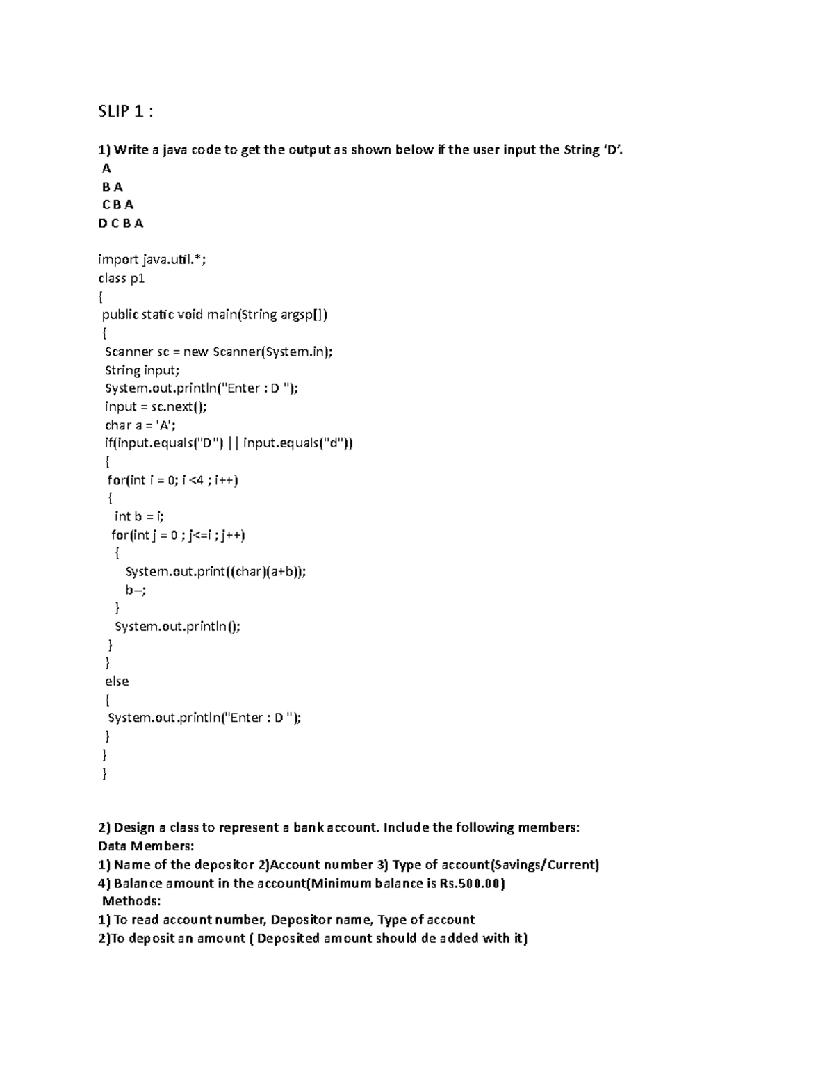 Java programs AGER AE HSH - SLIP 1 : 1) Write a java code to get the ...