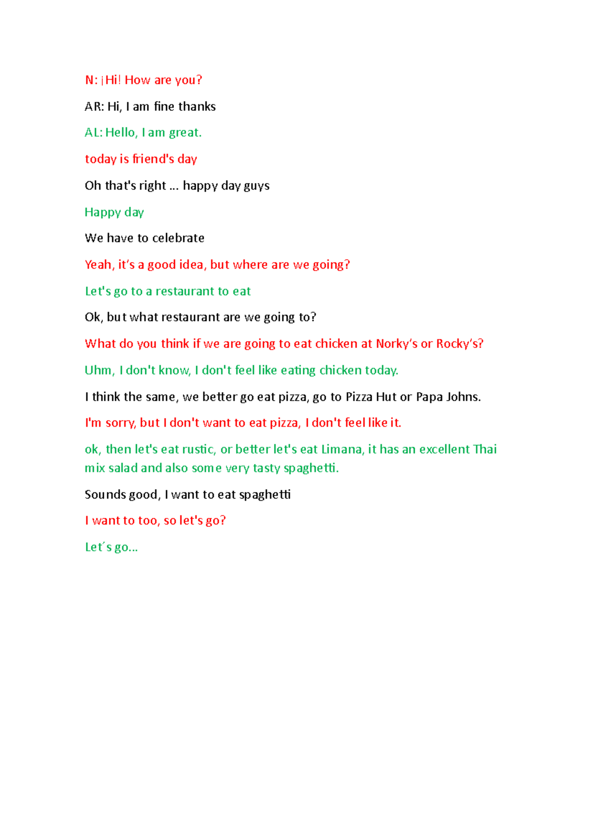 Conversation - N: ¡Hi! How are you? AR: Hi, I am fine thanks AL: Hello ...