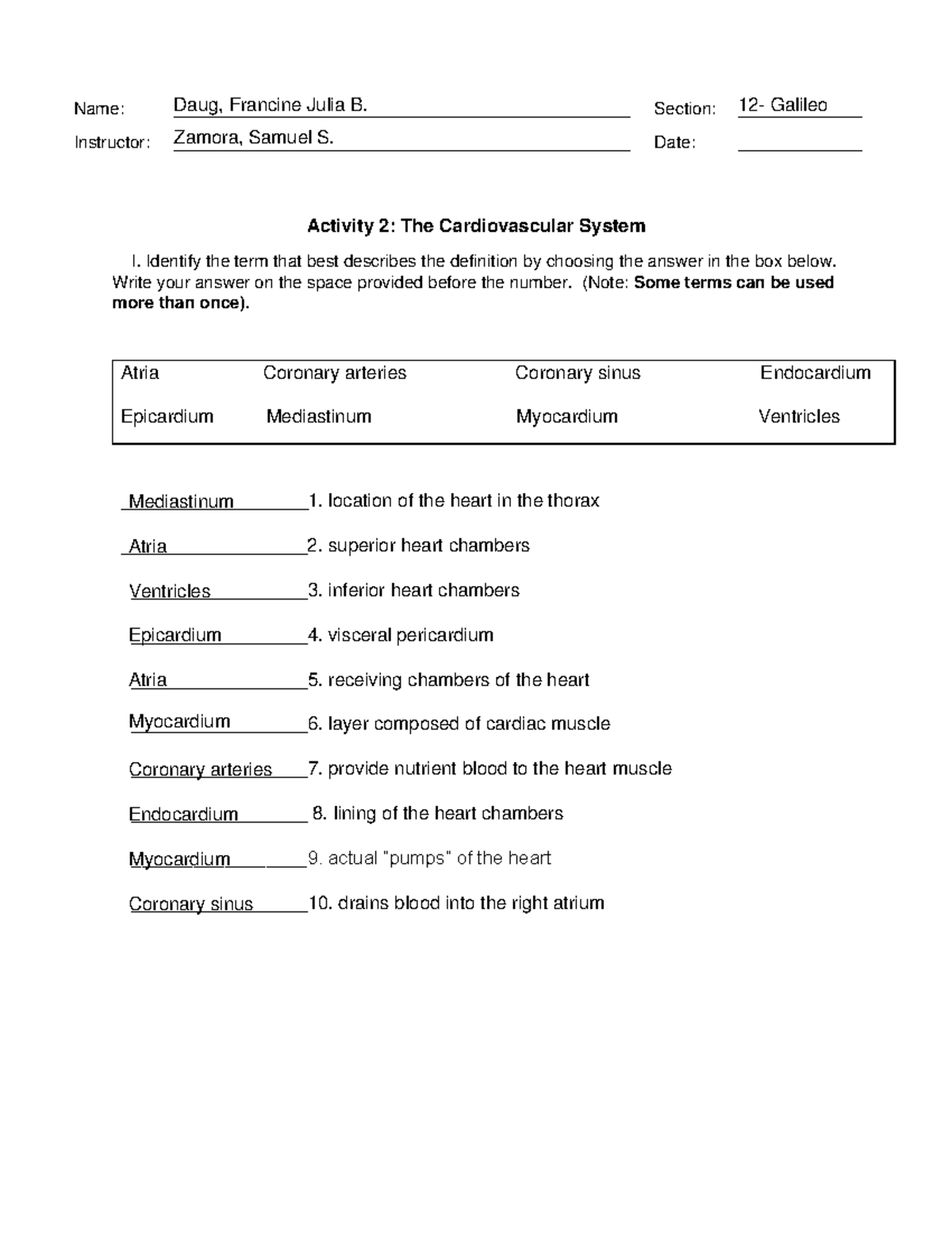 Activity 2 The Cardiovascular System - Activity 2: The Cardiovascular ...