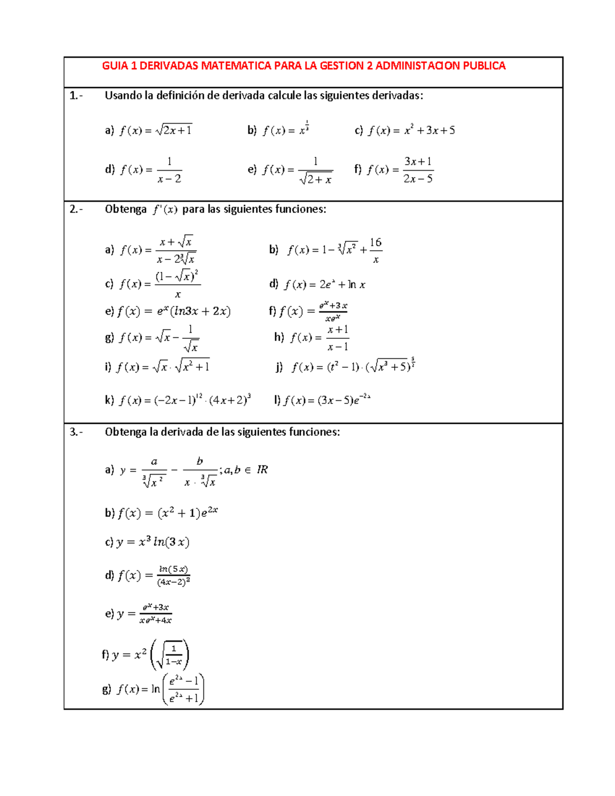 Guia ejercicios derivadas matem ticas 2 2024 - GUIA 1 DERIVADAS MATEMATICA PARA LA GESTION 2 ...
